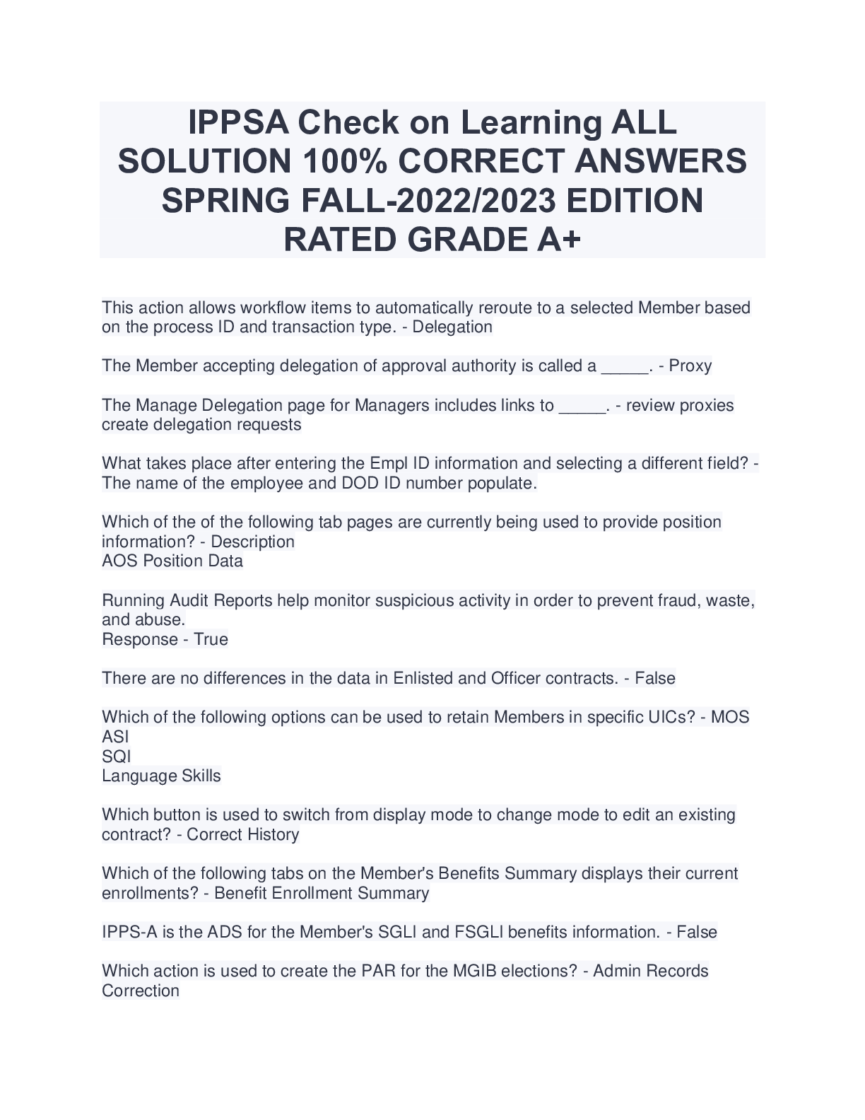 IPPSA Check on Learning ALL SOLUTION 100% CORRECT ANSWERS SPRING FALL-2022/2023 EDITION RATED ...